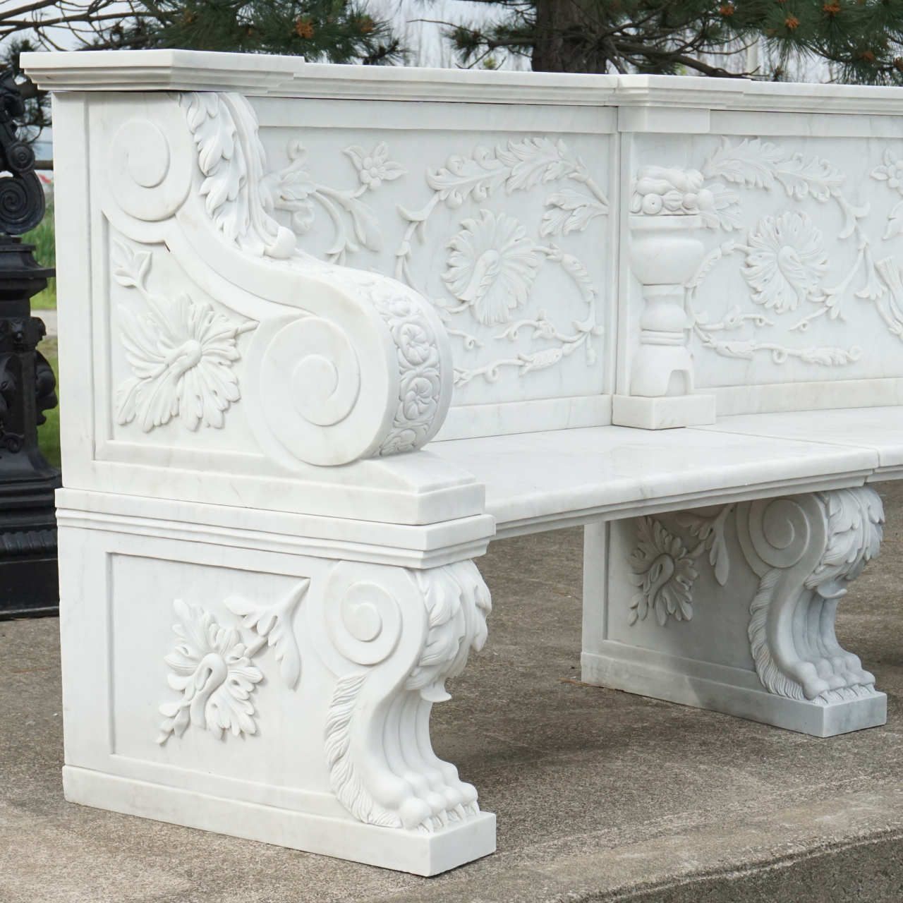 Hand Carved White Marble Bench - IronGate Garden Elements